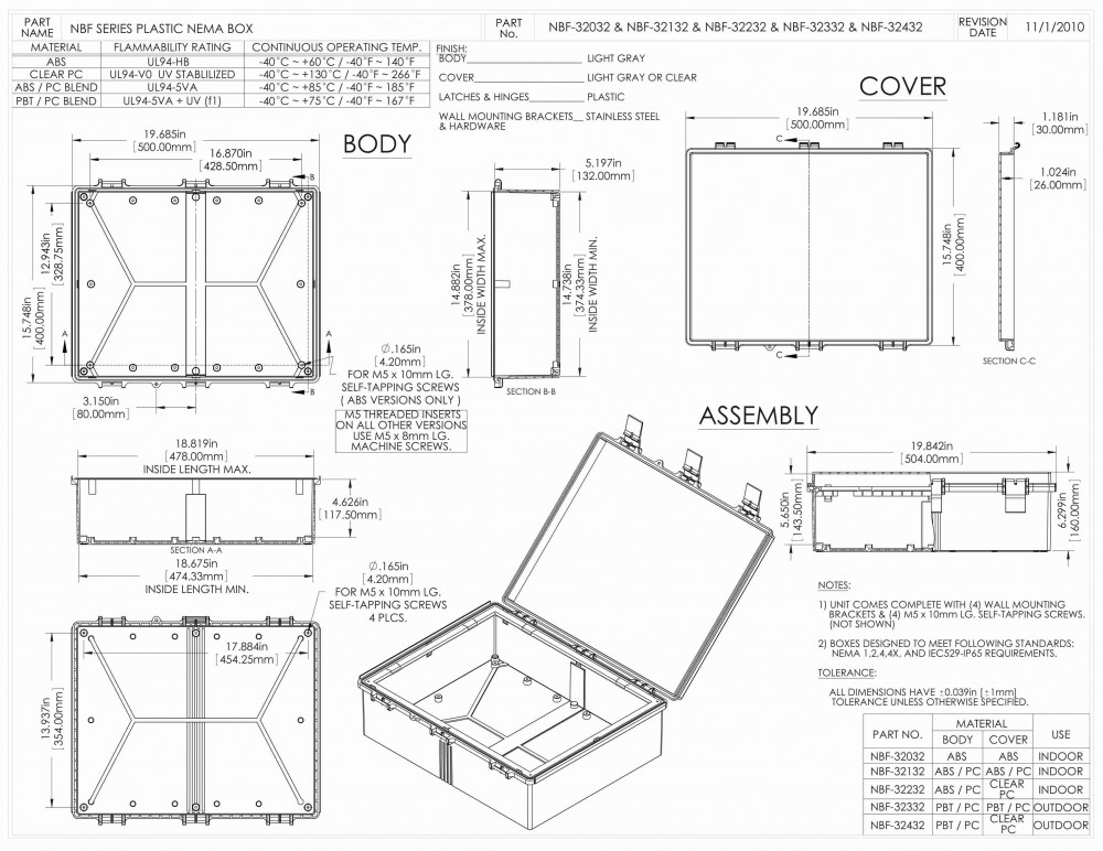 NBF series enclosure drawing covering NBF-32232 and related variants
