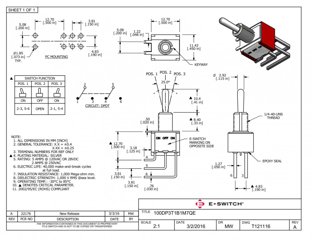 E-Switch 100DP3T1B1M7QE technical drawing preview
