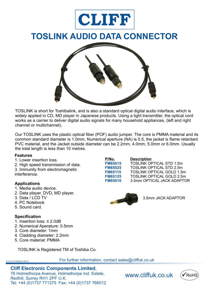 Cliff TOSLINK optical audio cable product documentation, page 1