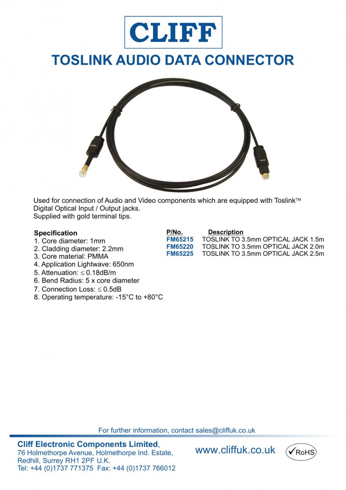 Cliff TOSLINK optical audio cable product documentation, page 2