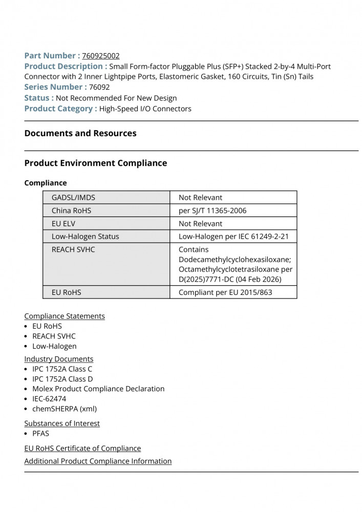 MOLEX 760925002 document preview, page 1