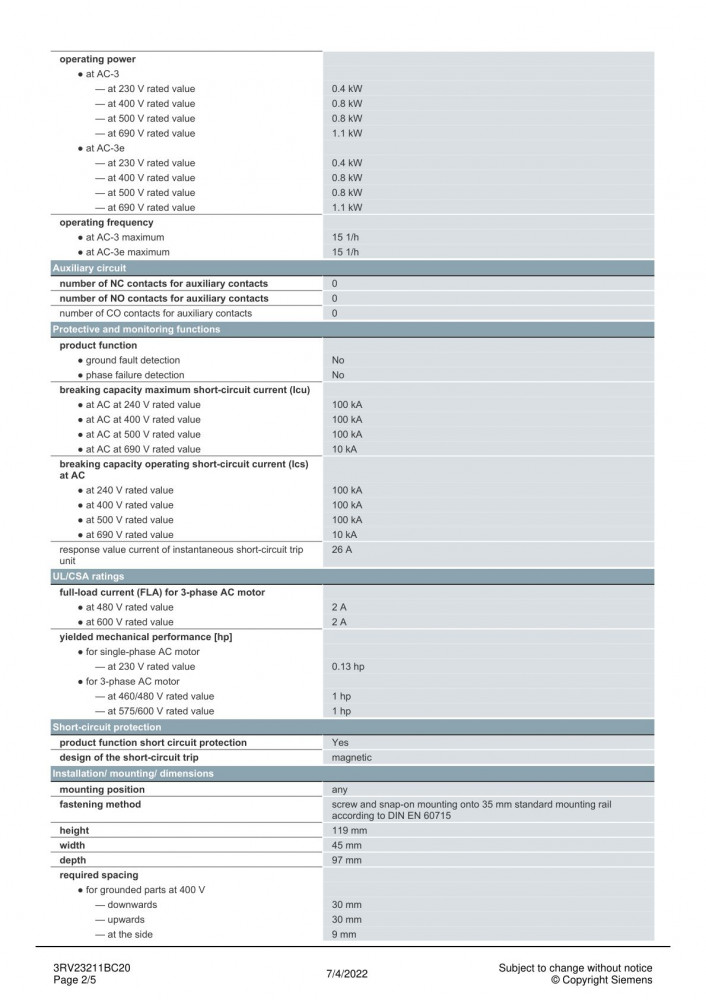 3RV23211BC20 technical document page 2
