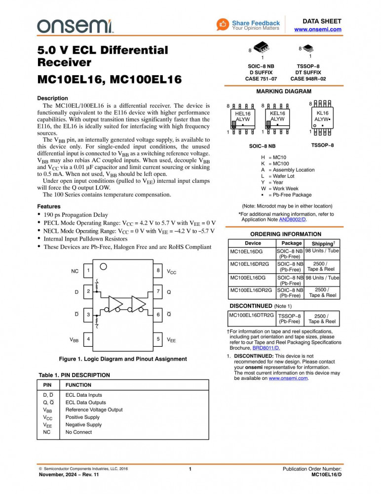 MC10EL16 documentation page 1