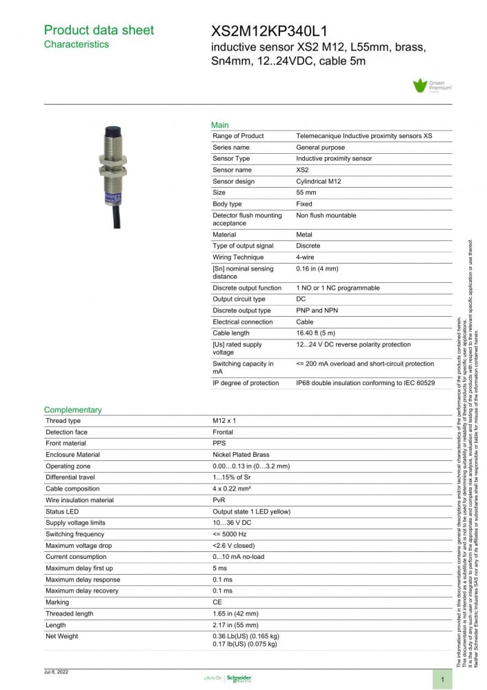 XS2M12KP340L1 technical document page 1