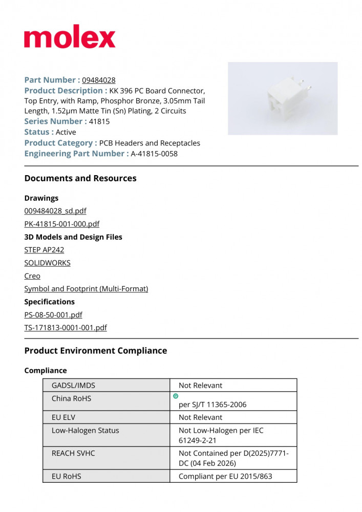 MOLEX KK 396 specification preview, page 1