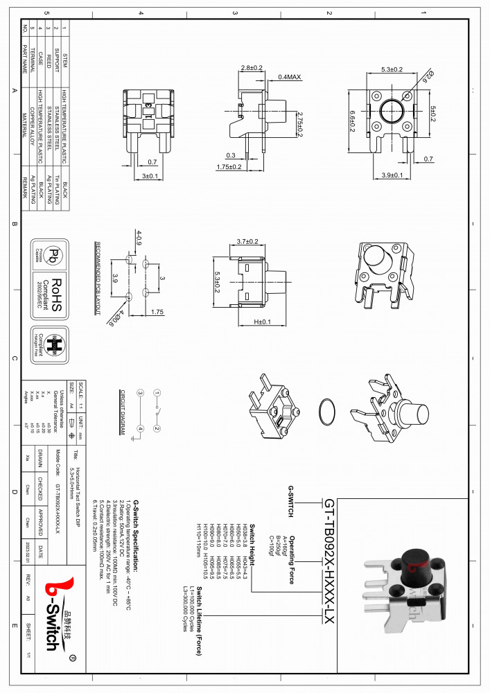 G-Switch GT-TB092 series technical drawing and specifications