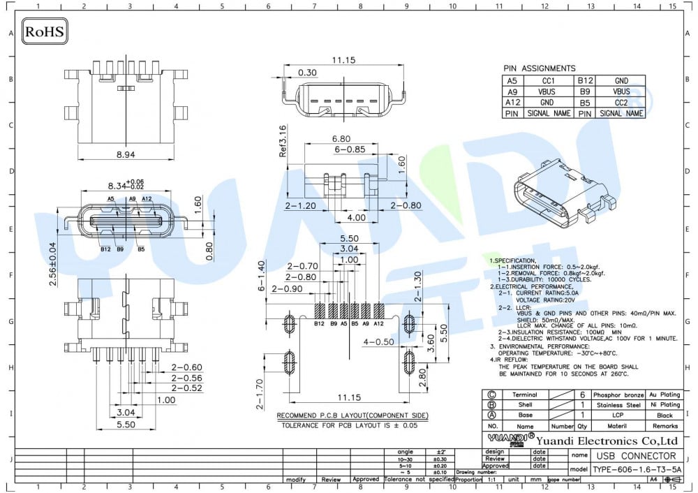 TYPE-606-1.6-T3-5A USB connector drawing page 1