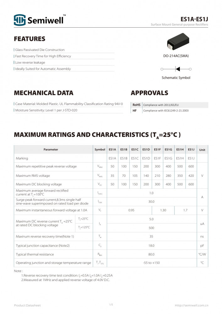 Semiwell ES1D datasheet page 1