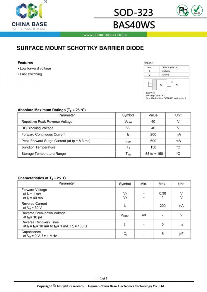 CBI BAS40WS datasheet page 1