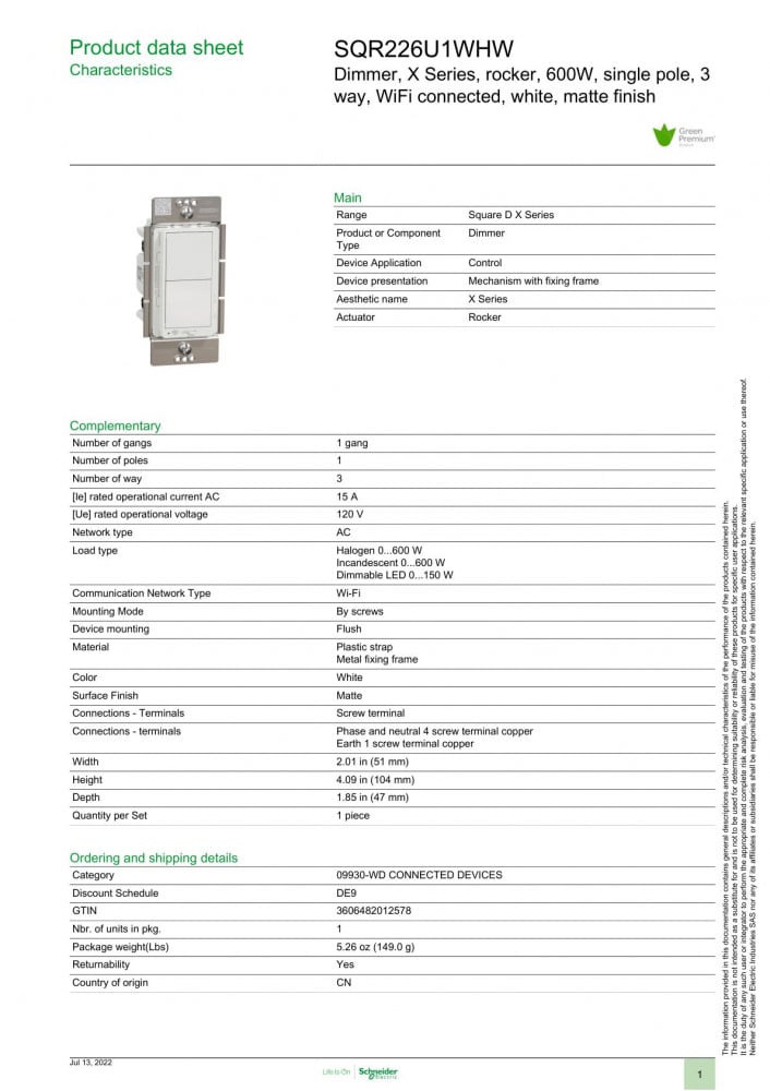 SQR226U1WHW technical document page 1