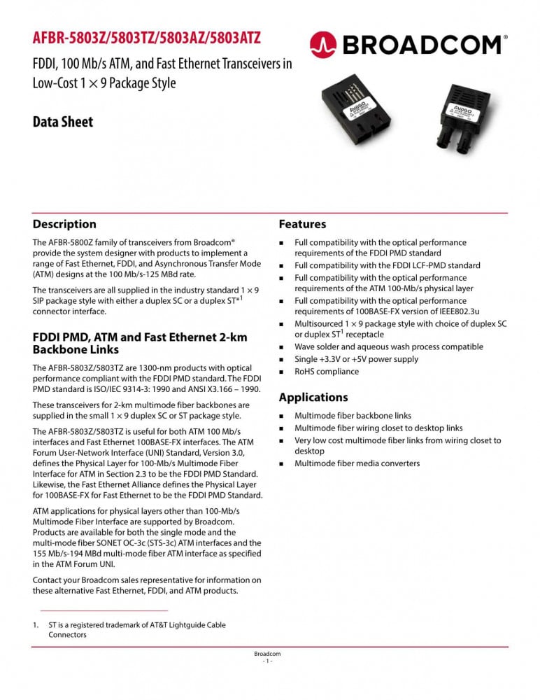 AFBR-5803AZ datasheet page 1