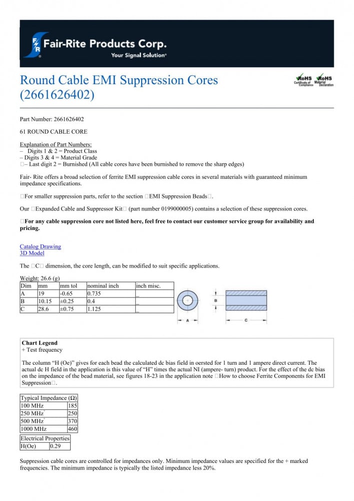 Fair-Rite 2661626402 catalog drawing and dimensions