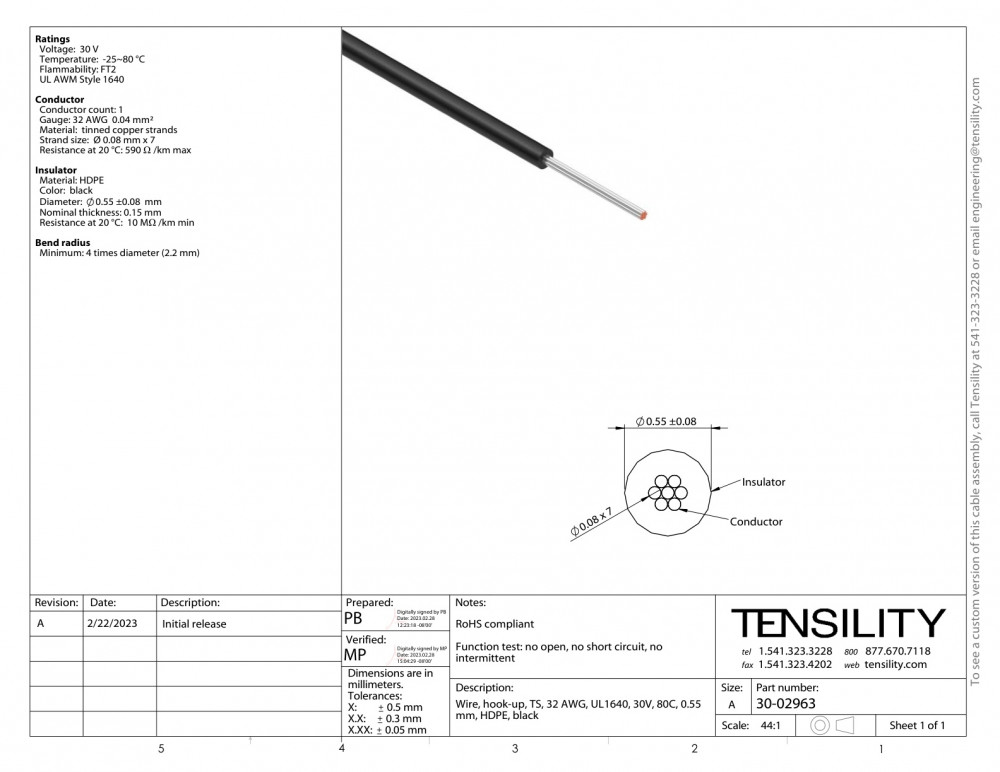 Tensility International 30-02963 product drawing and wire specification