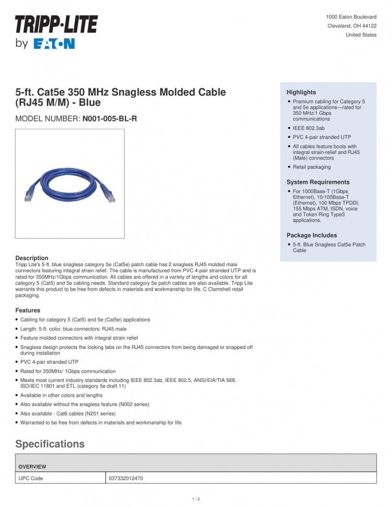 N001-005-BK-R technical document page 1
