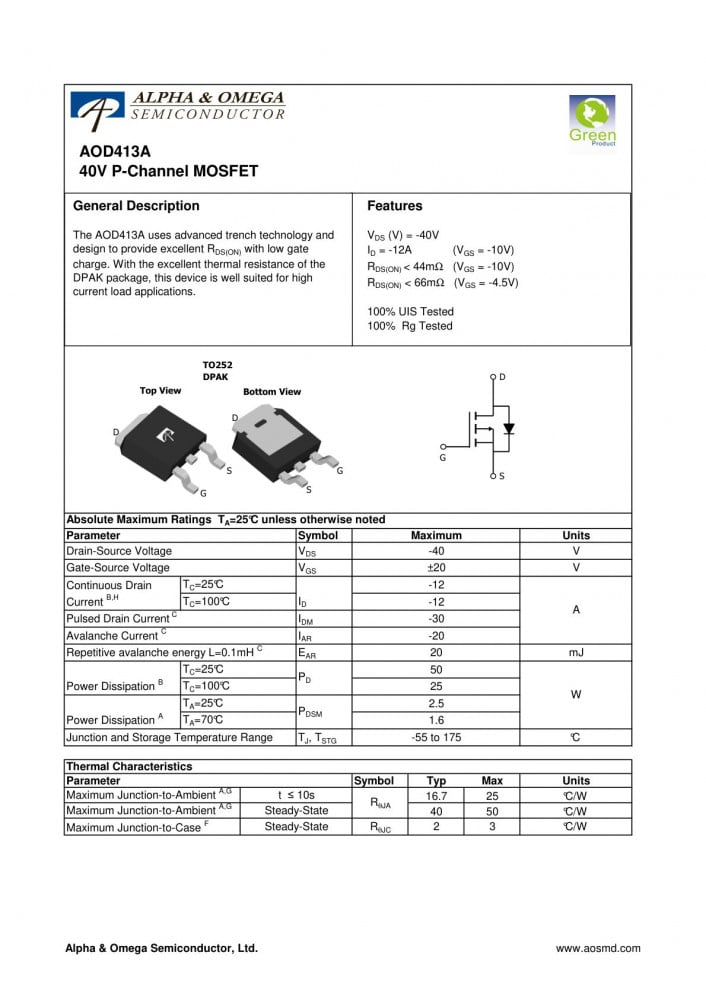 AOD413A datasheet page 1