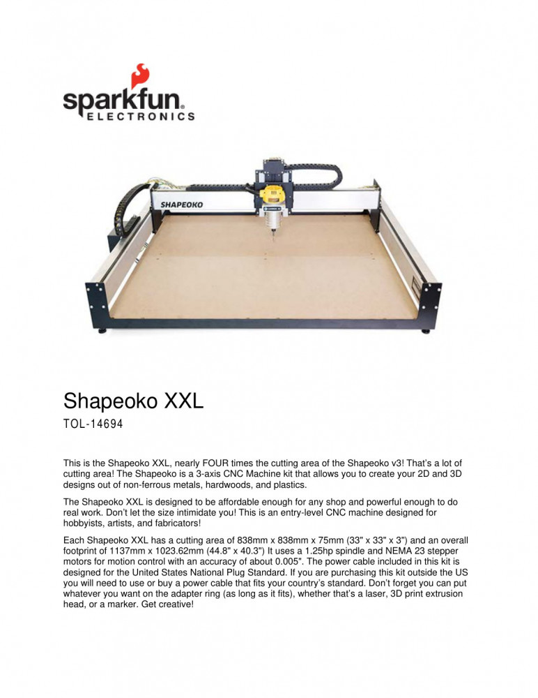 Shapeoko XXL technical document image, page 1