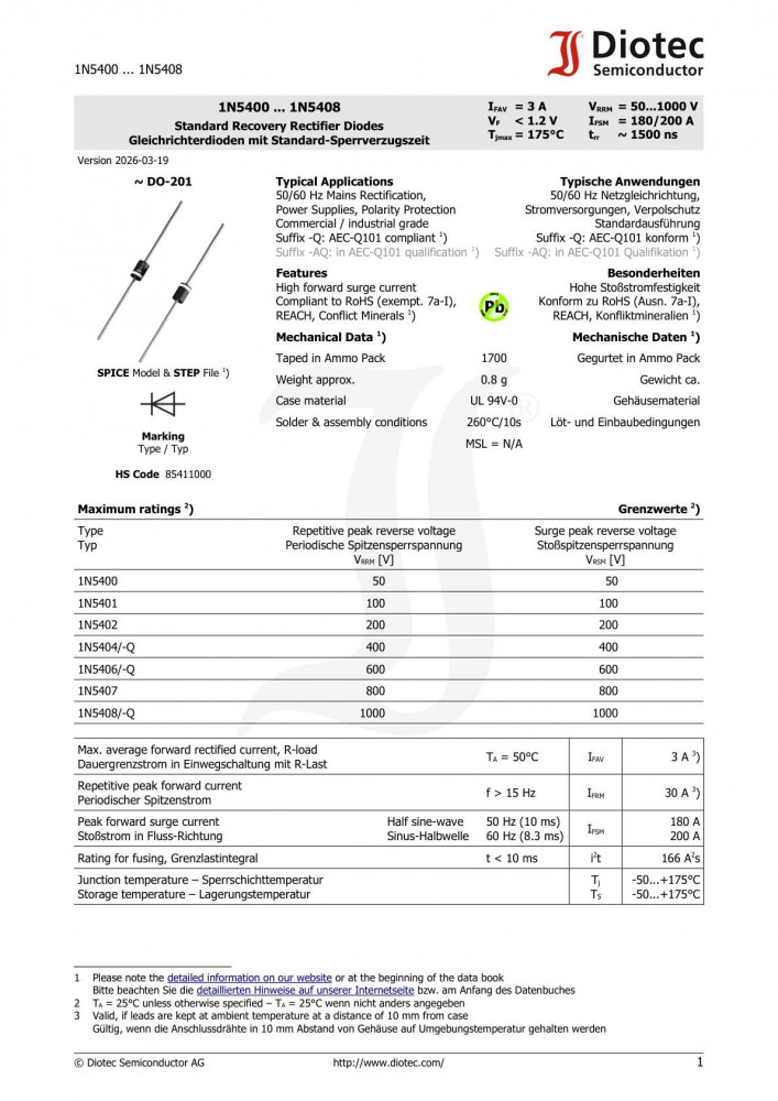 DIOTEC 1N5400 to 1N5408 datasheet, page 1