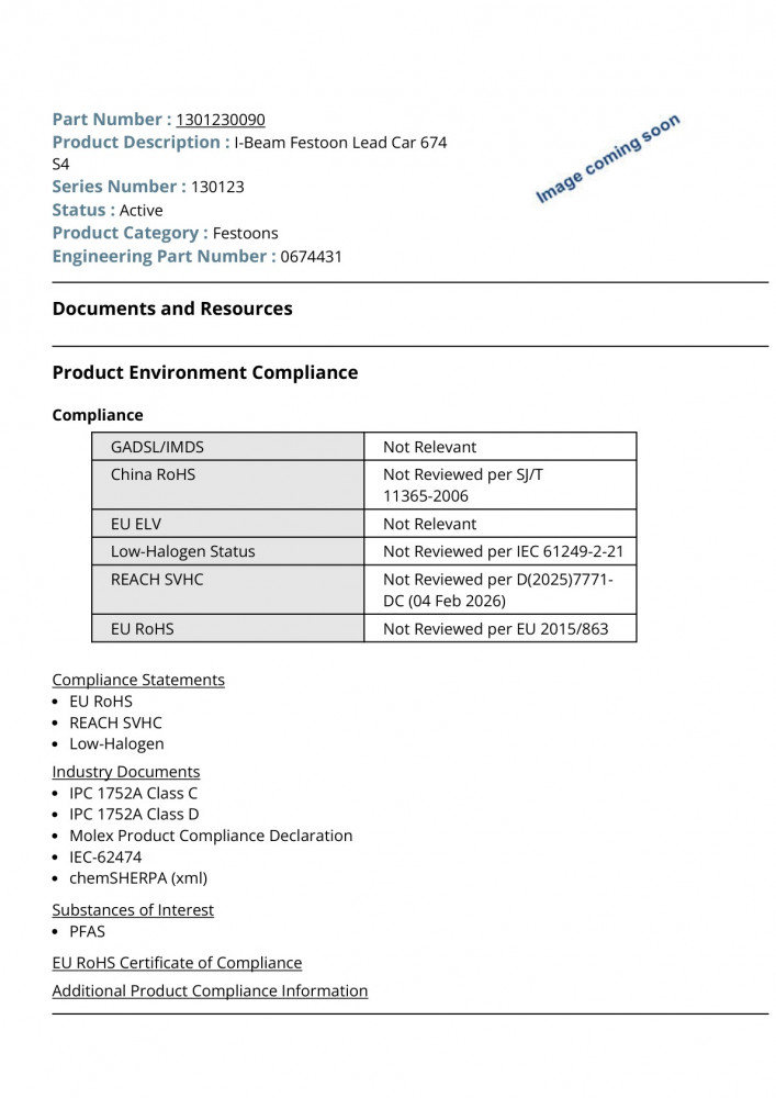 Product document image 1 for MOLEX 1301230090