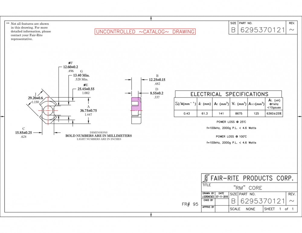 Fair-Rite 6295370121 technical drawing