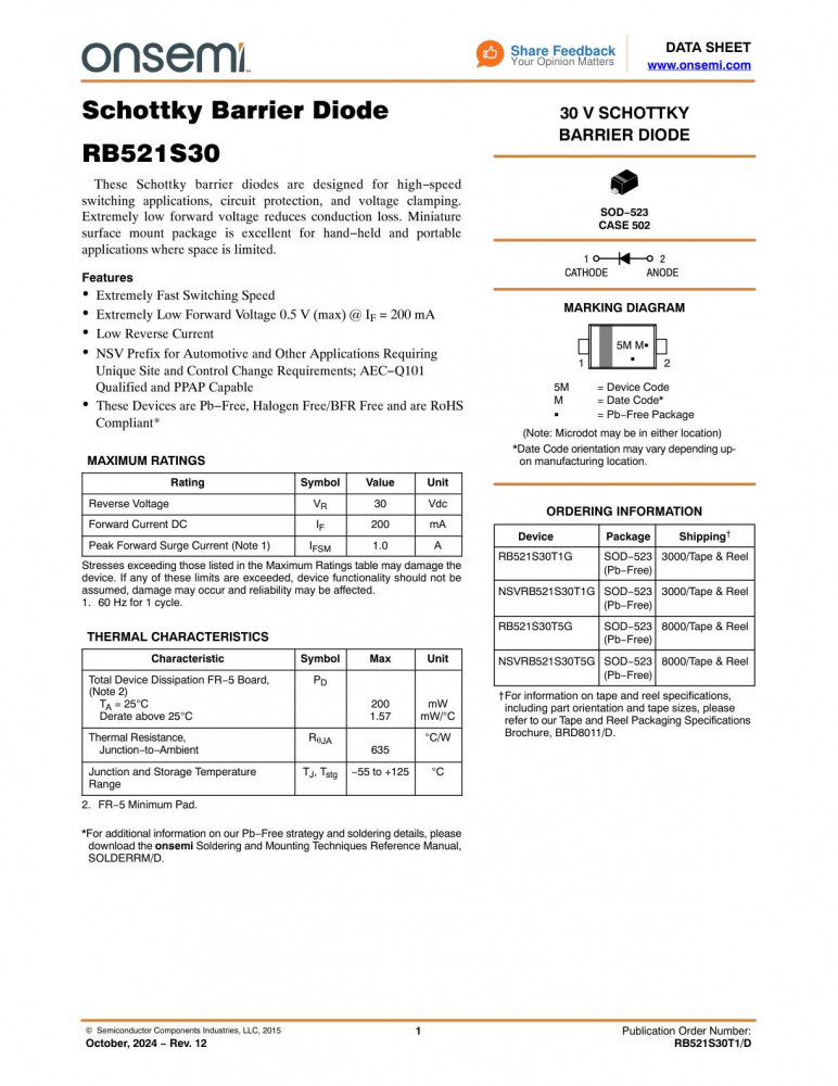 RB521S30T1G datasheet page 1