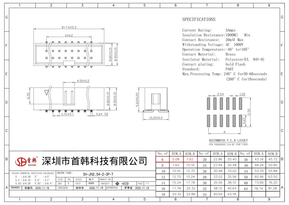 SH-JN2.54-2-3P-T technical drawing