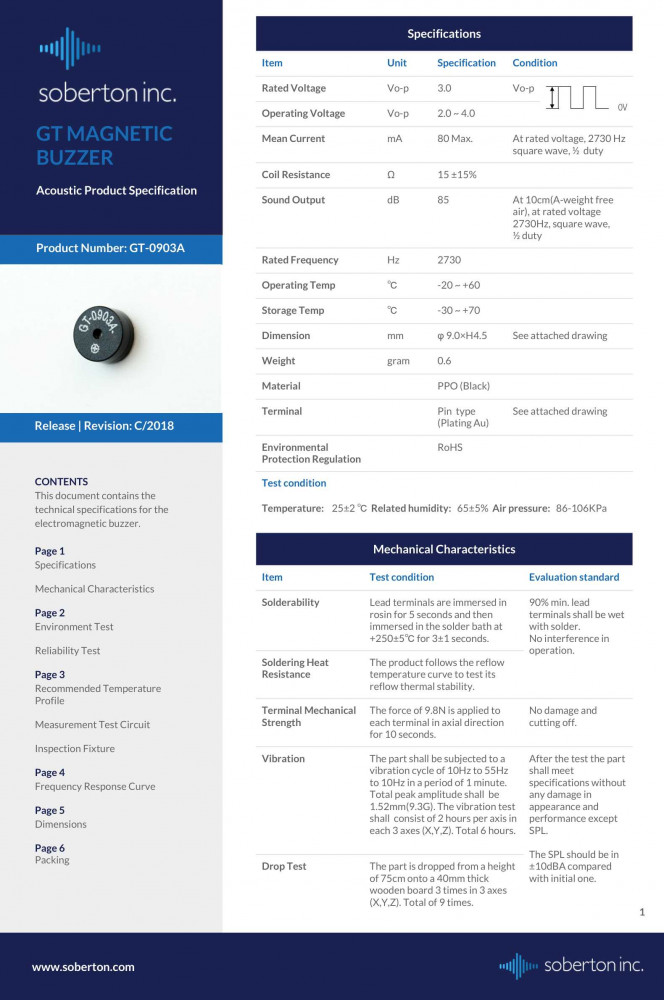 GT-0903A datasheet page 1: product specifications and mechanical characteristics