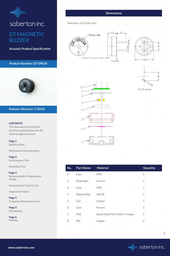 GT-0903A datasheet page 5: product dimensions and PCB layout