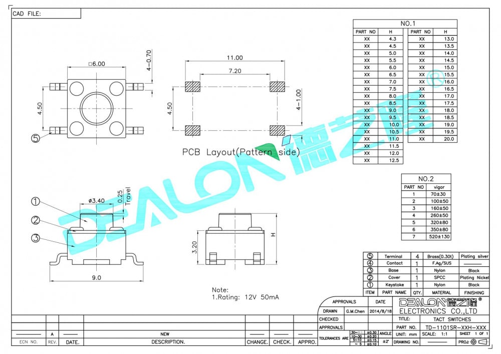 DEALON TD-1101SR-4.3H-160 technical drawing
