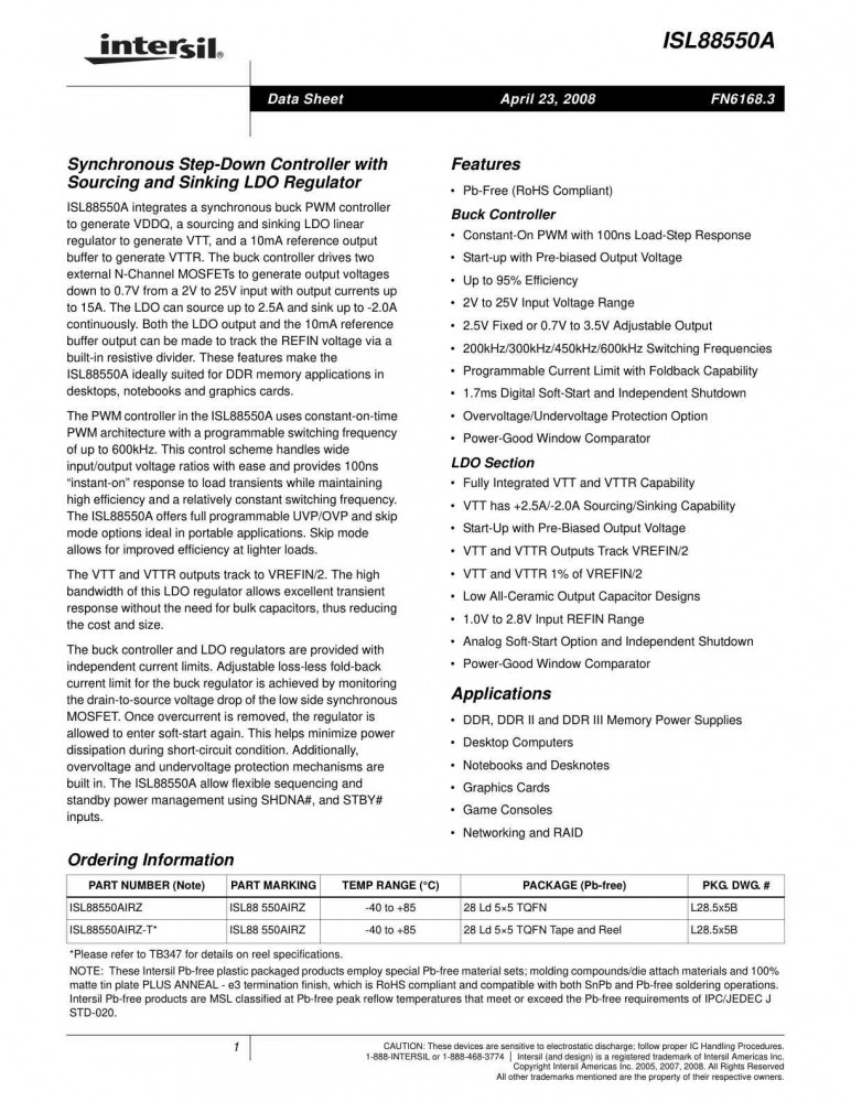 ISL88550AIRZ datasheet page 1
