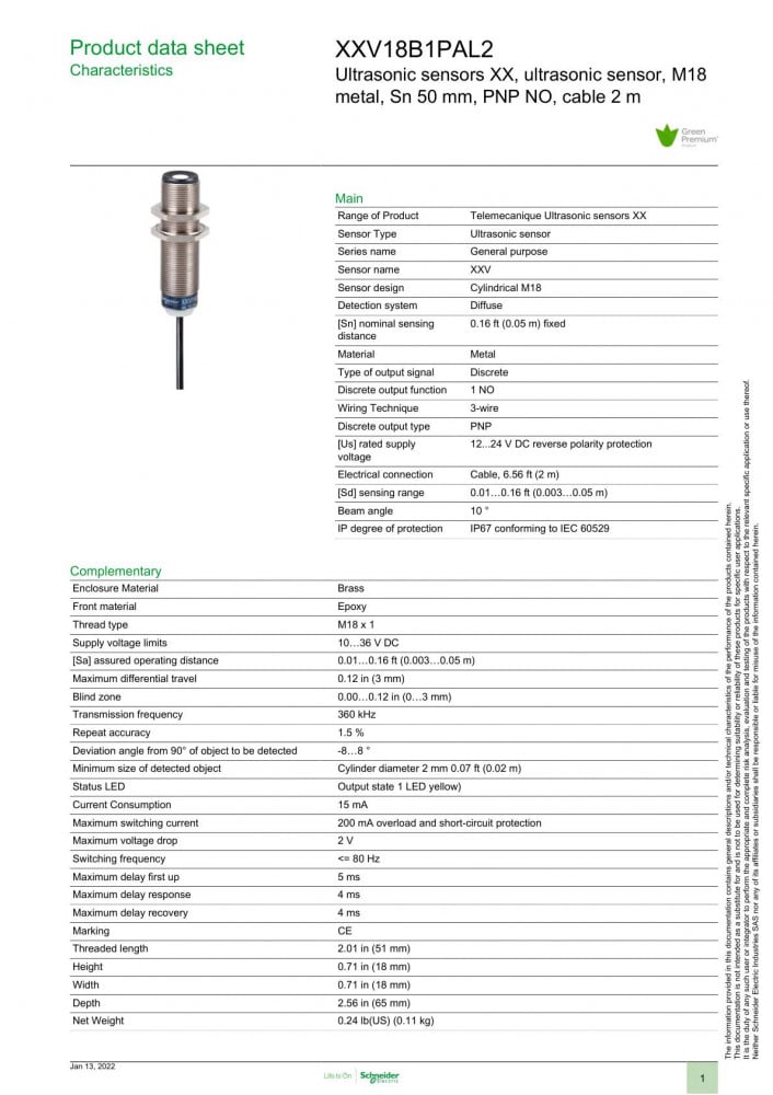 XXV18B1PAL2 technical document page 1