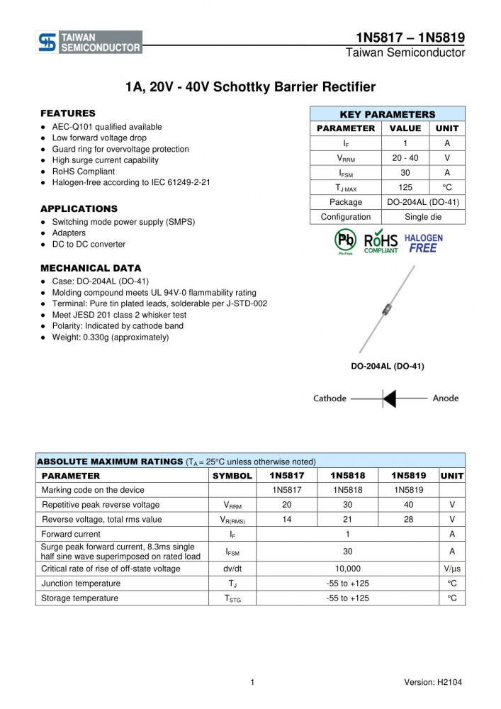 1N5818 datasheet page 1