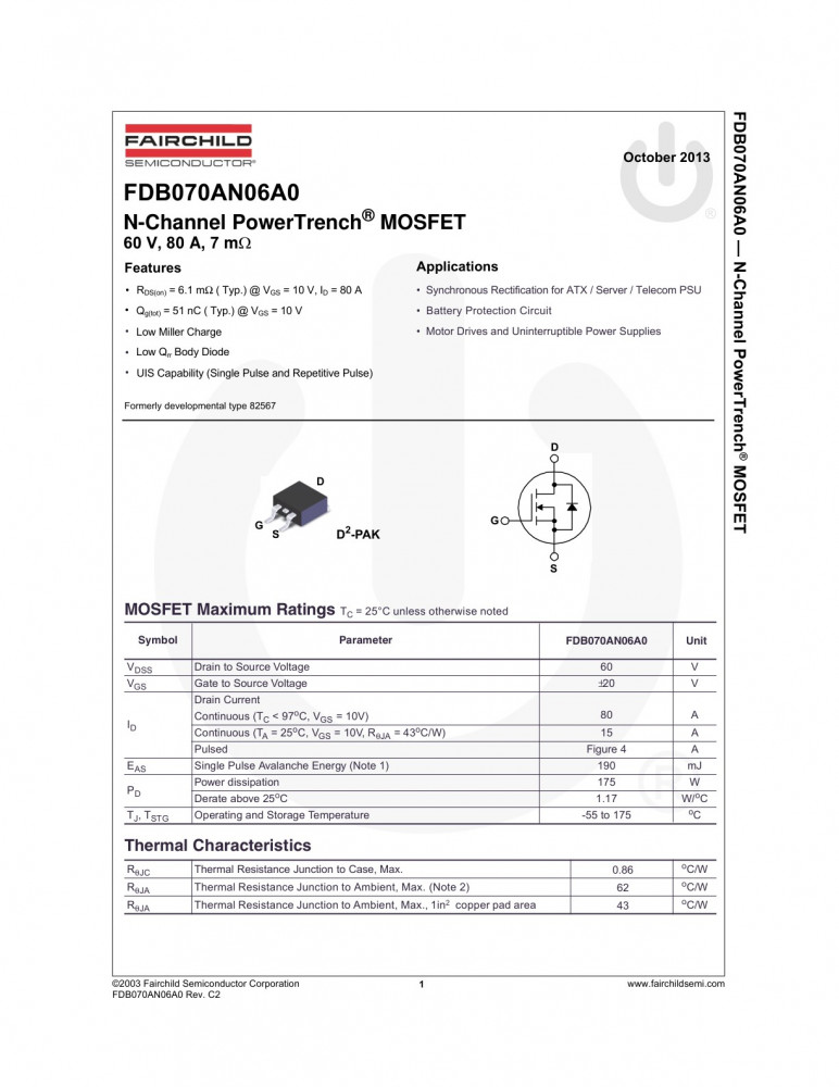 FDB070AN06A0 datasheet page 2
