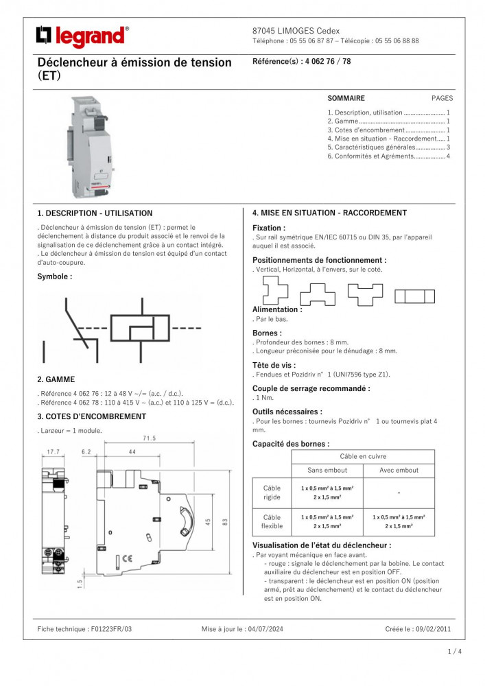 Legrand voltage-release technical document, page 1