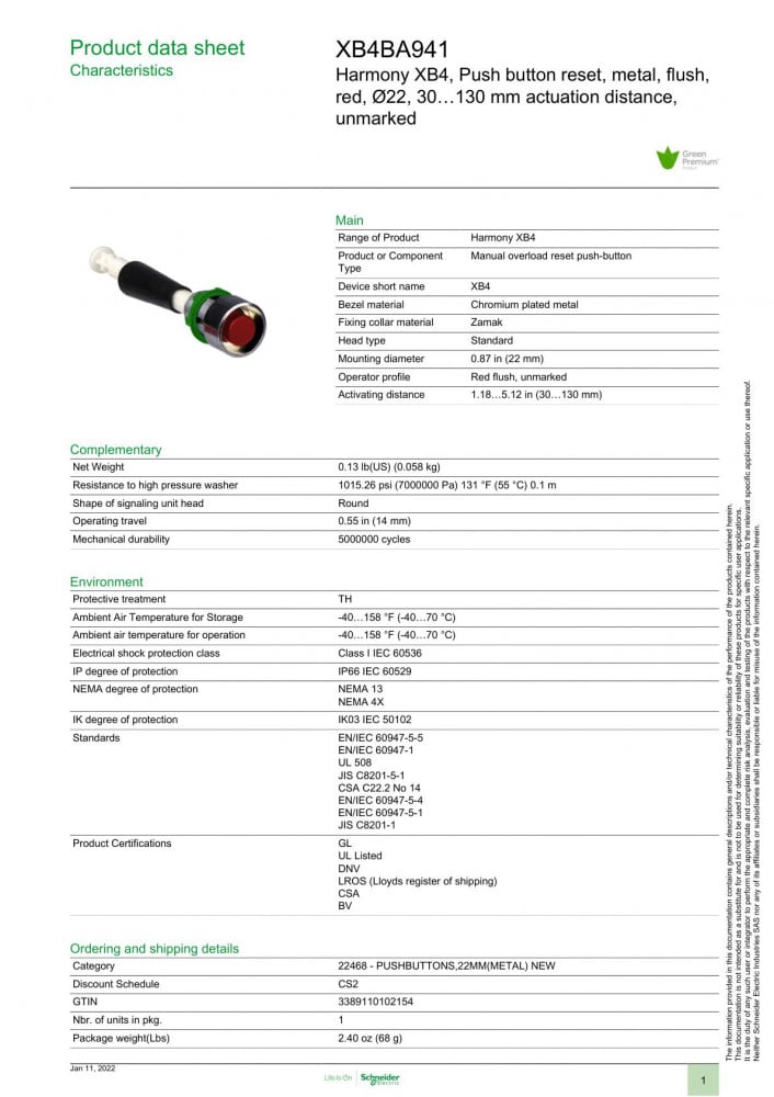 XB4BA941 technical document page 1
