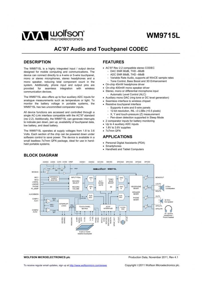 WM9715 datasheet page 1