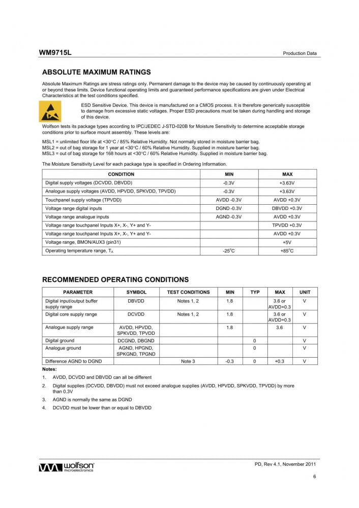 WM9715 datasheet page 6