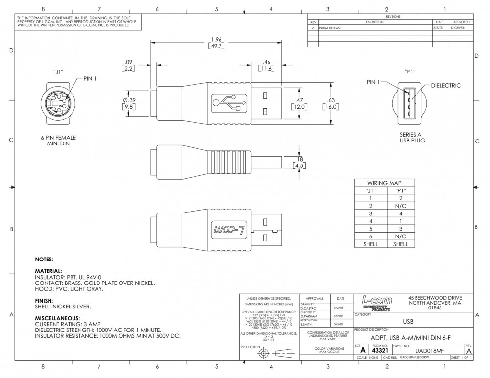 L-com UAD018MF technical drawing page