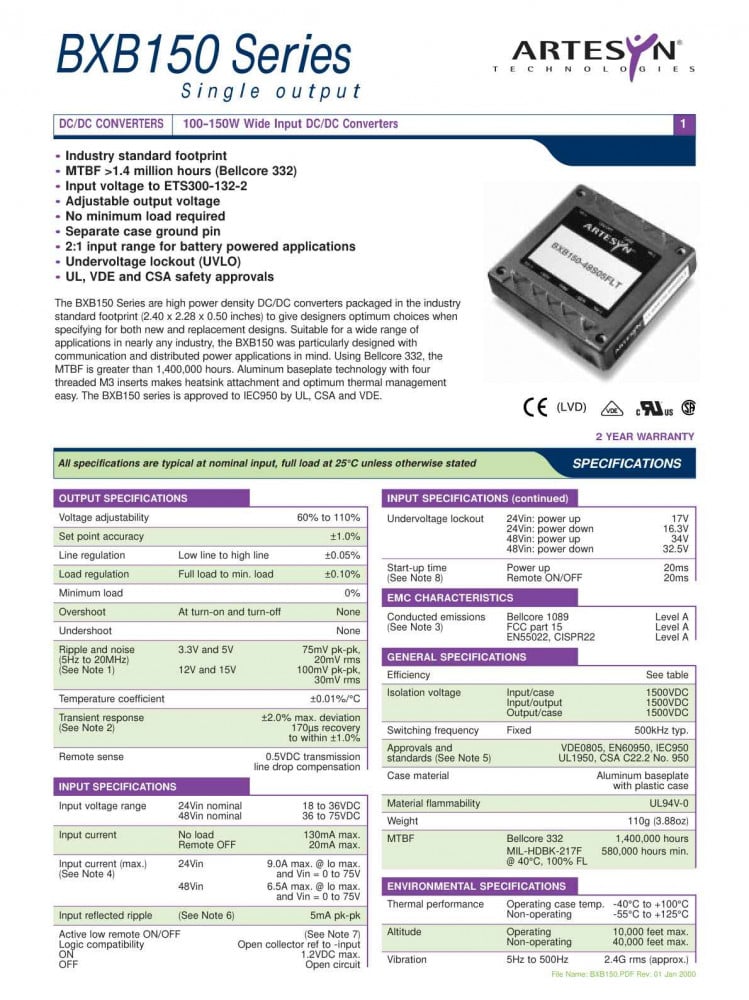 Artesyn BXB150 datasheet page 1