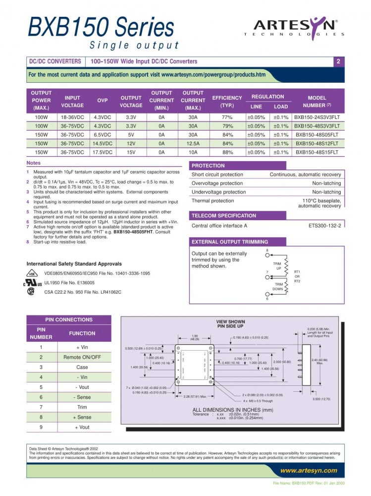 Artesyn BXB150 datasheet page 2
