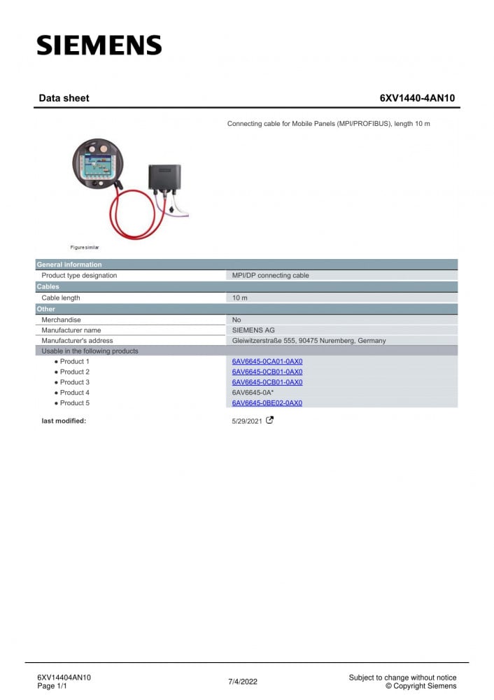SIEMENS 6XV14404AN10 data sheet preview