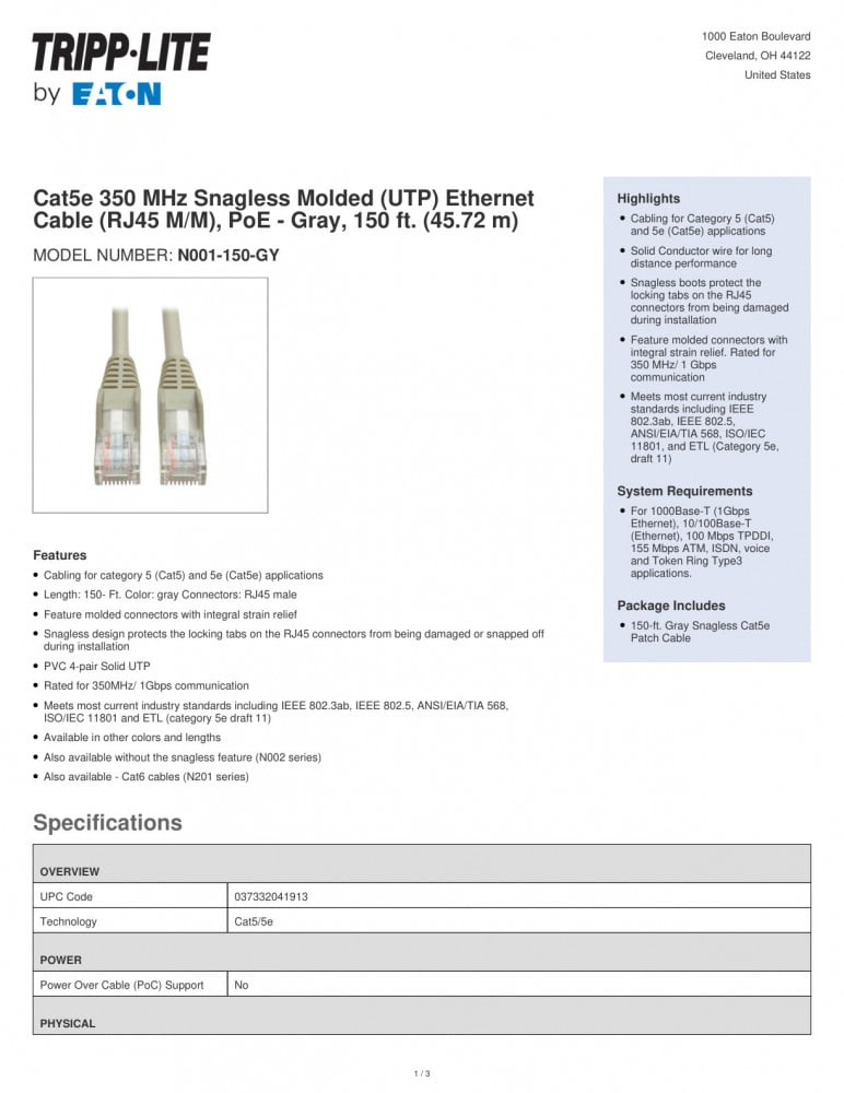 EATON N001-150-GY technical document page 1