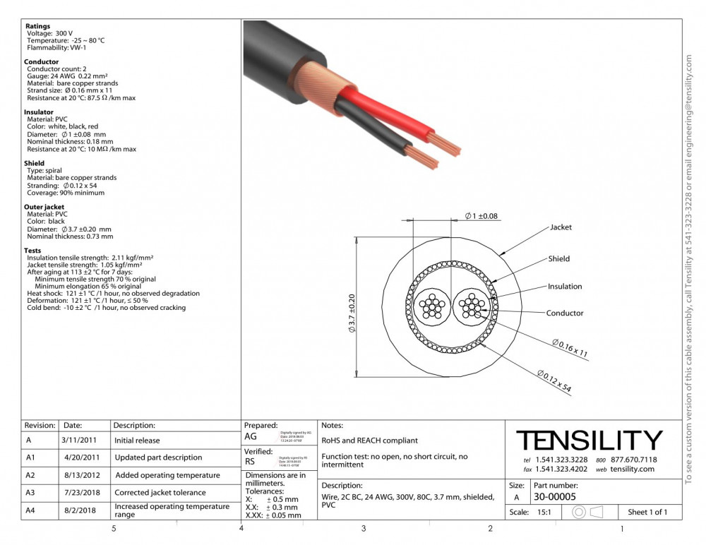 30-00005 cable specification and product drawing