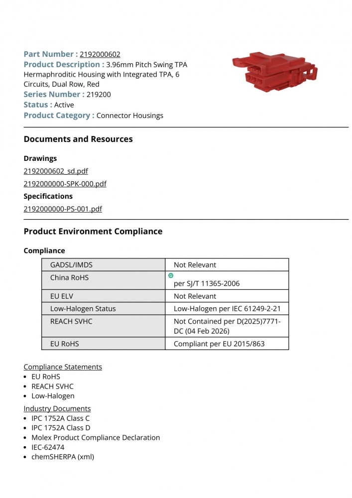 MOLEX 2192000602 technical document image, page 1