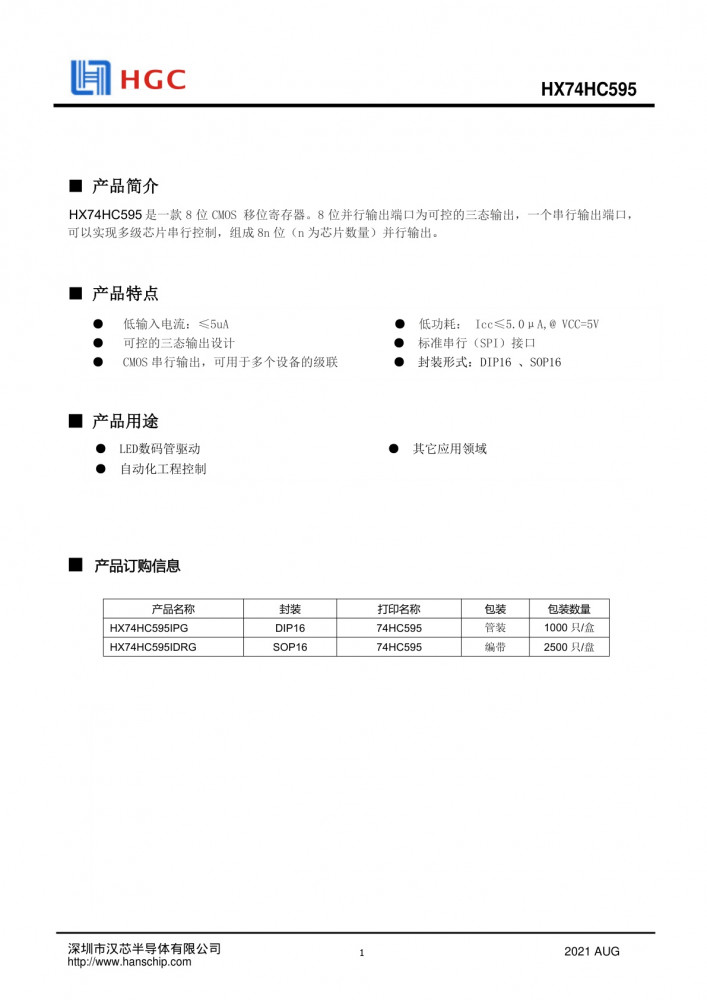 HX74HC595IDRG datasheet page 1