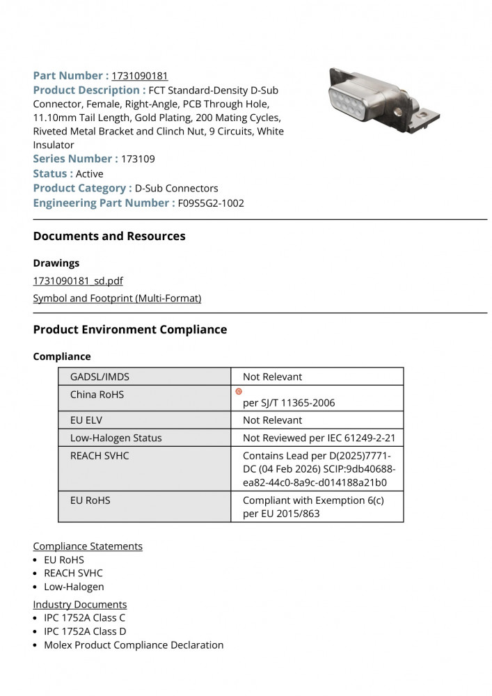 MOLEX 1731090181 technical drawing, page 1