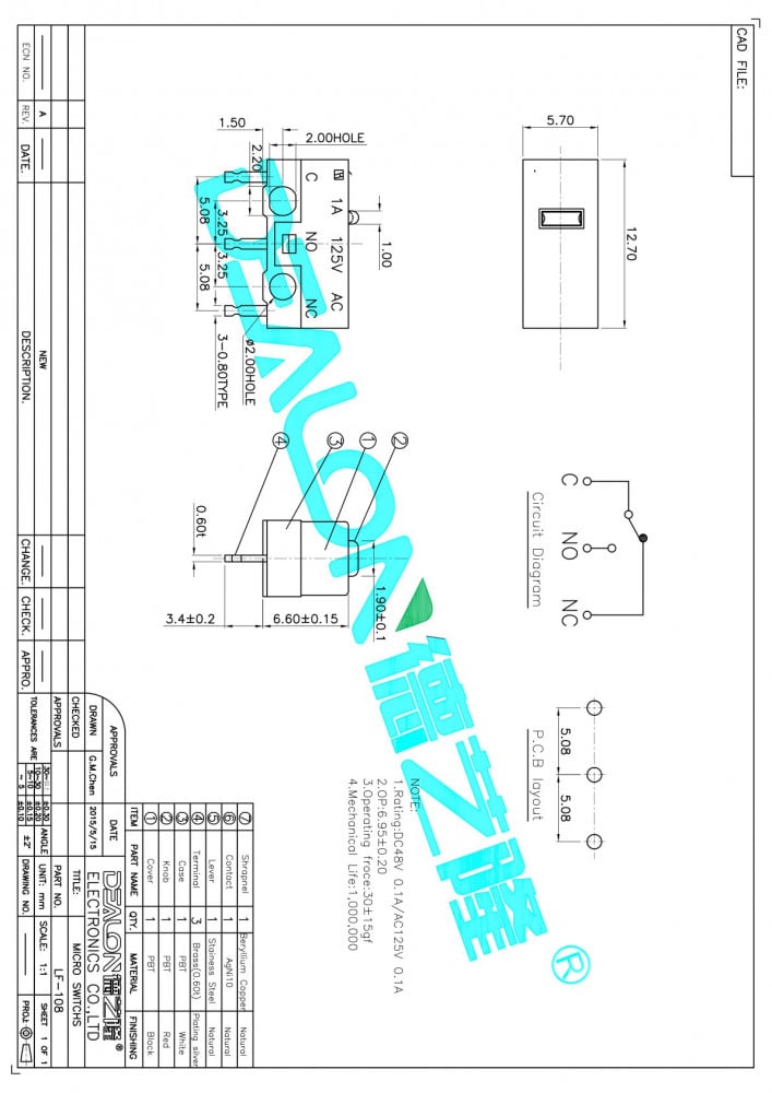 DEALON LF-108 micro switch technical drawing