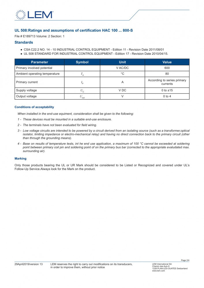 LEM HAC 200-S datasheet page 2