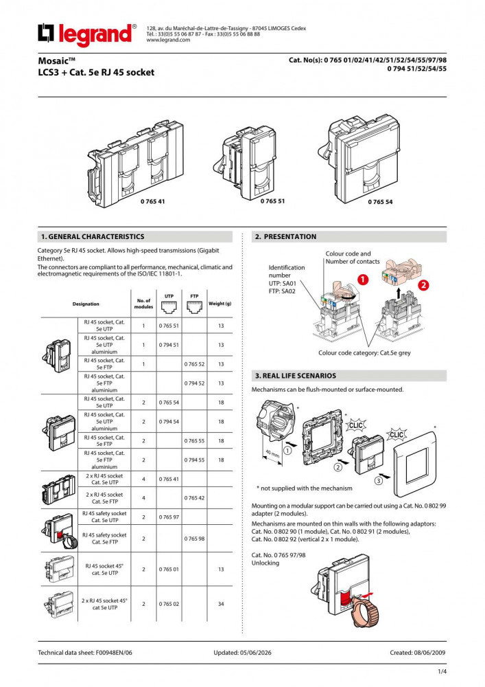 Legrand product technical document page 1