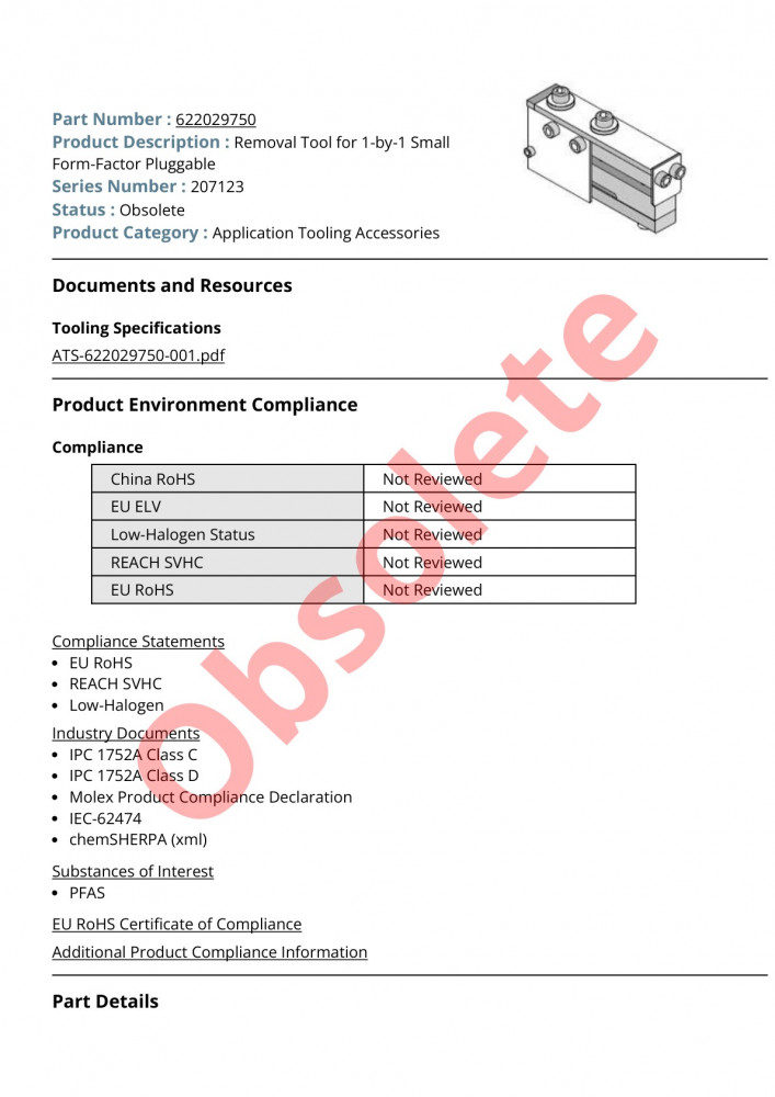 Tooling document page 1 for MOLEX 622029750