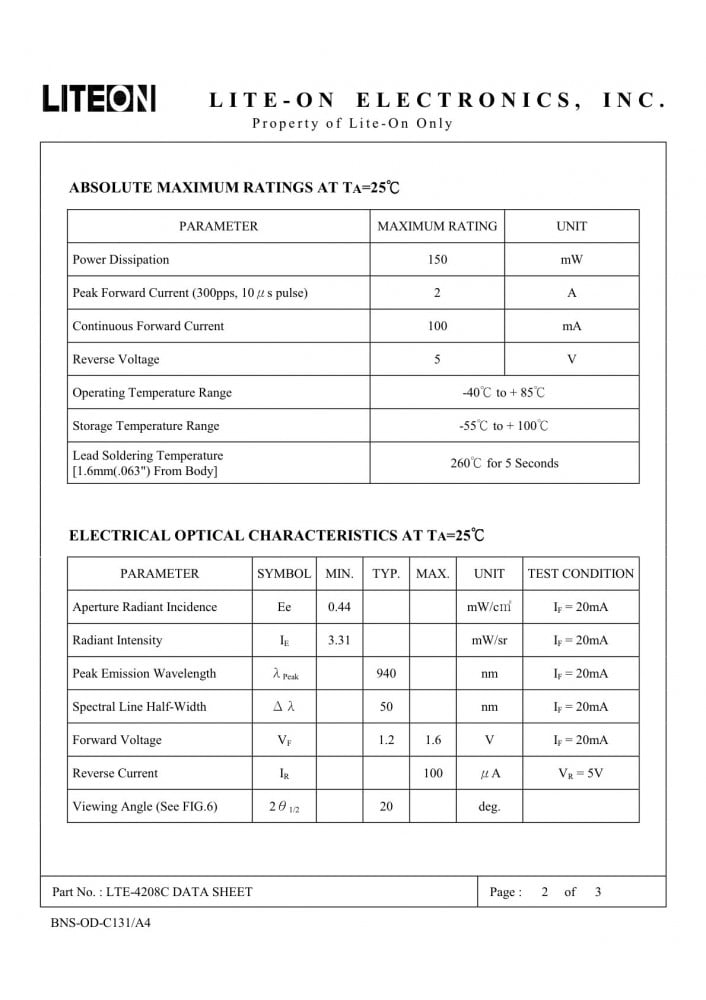 LTE-4208C datasheet page 2